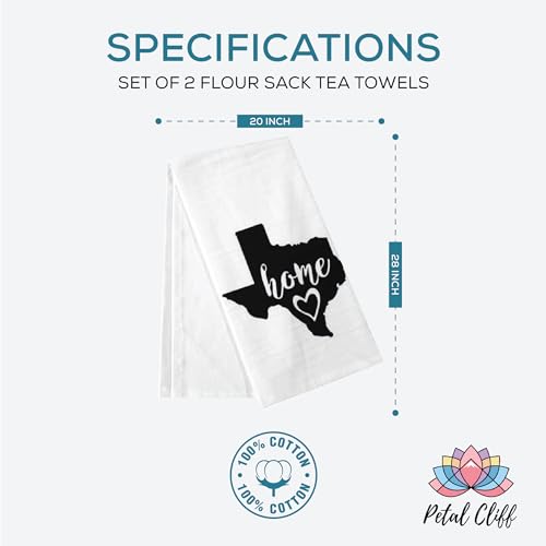 Petal Cliff 2 Pcs, 100% Cotton Texas State Flour Sack Printed Kitchen Towels with Sentiments Home. Size: 20" X 28". Inspired by The State WE Call Home.