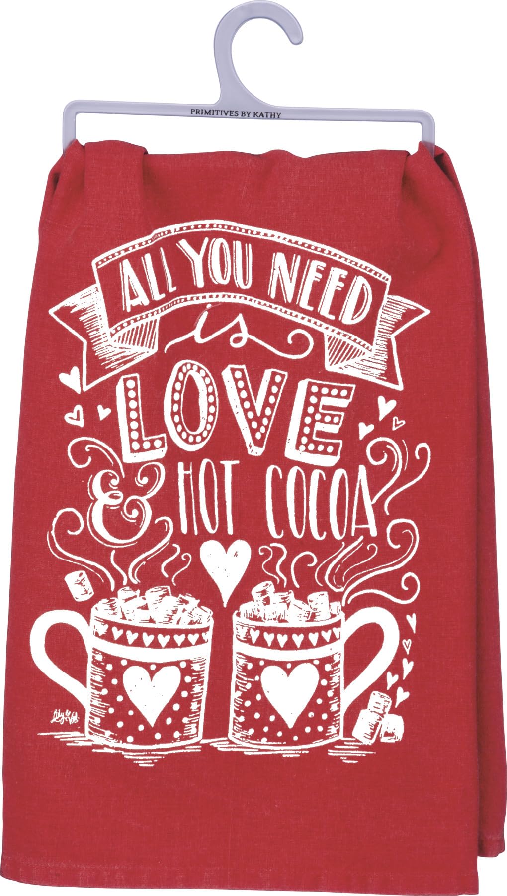 Primitives by Kathy Decorative Kitchen Towel - All You Need is Love & Hot Cocoa, Fun Festive with Heart, Mug, Marshmallow Design