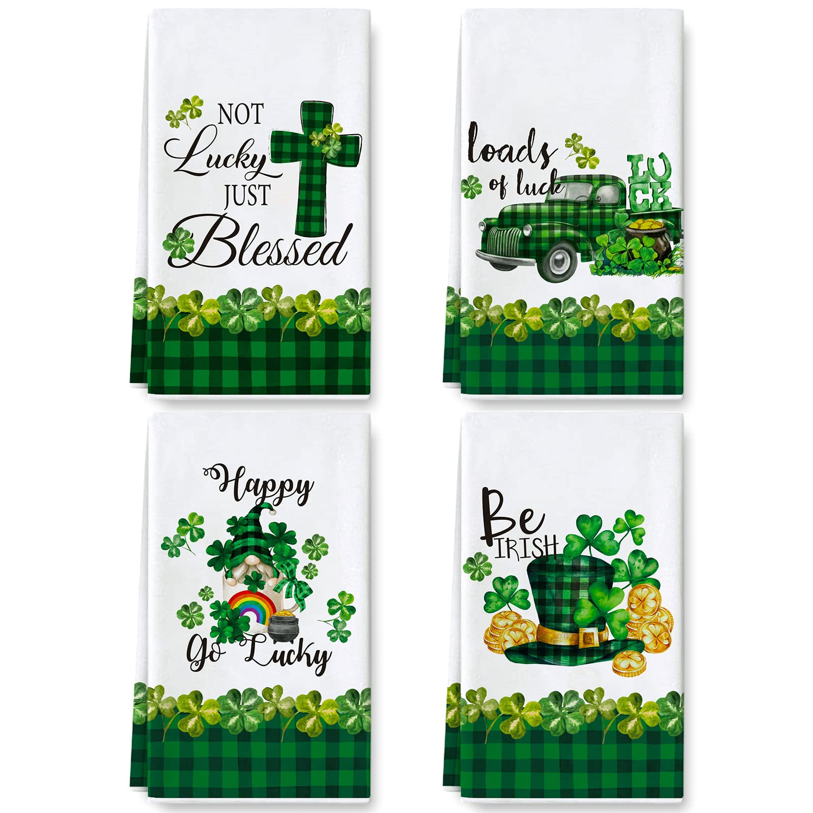 AnyDesign St. Patrick's Day Kitchen Towel Green Buffalo Plaid Shamrock Dish Towel 18 x 28 Inch Lucky Clover Truck Hat Hand Drying Tea Towel for Irish Holiday Cooking Baking Cleaning Wipes, Set of 4