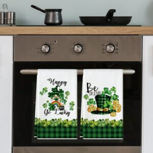 AnyDesign St. Patrick's Day Kitchen Towel Green Buffalo Plaid Shamrock Dish Towel 18 x 28 Inch Lucky Clover Truck Hat Hand Drying Tea Towel for Irish Holiday Cooking Baking Cleaning Wipes, Set of 4