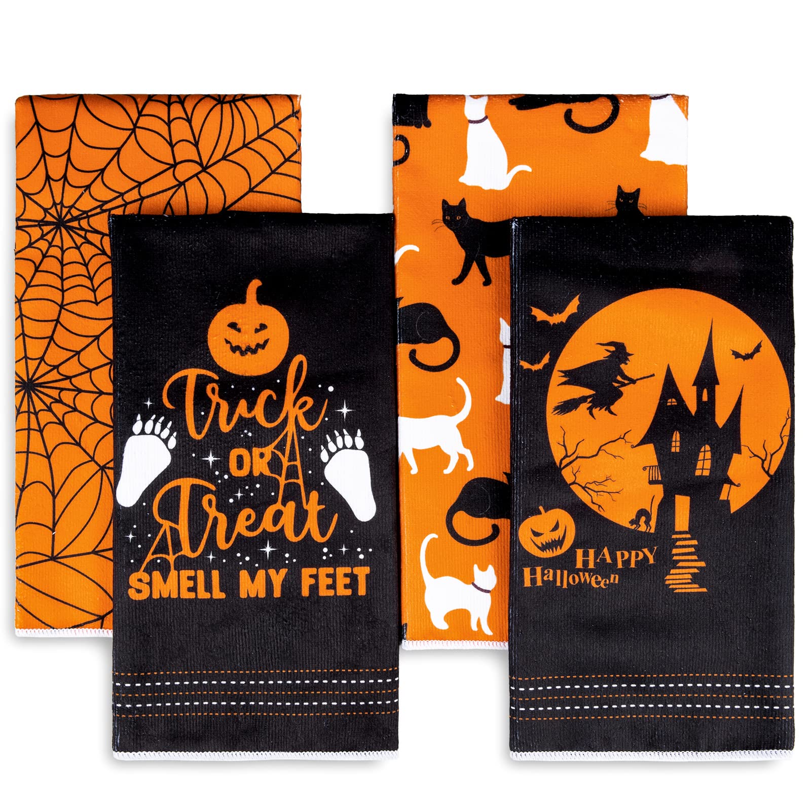 AnyDesign Halloween Kitchen Dish Towels 18 x 28 Inch Happy Halloween Tea Towel Dishcloth Orange Black Web Cat Witch Trick or Treat Drying Cloth Towel Hand Towel for Cooking Baking Bathroom, 4 Pack