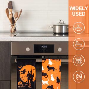 AnyDesign Halloween Kitchen Dish Towels 18 x 28 Inch Happy Halloween Tea Towel Dishcloth Orange Black Web Cat Witch Trick or Treat Drying Cloth Towel Hand Towel for Cooking Baking Bathroom, 4 Pack