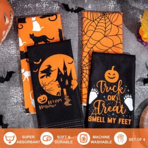 AnyDesign Halloween Kitchen Dish Towels 18 x 28 Inch Happy Halloween Tea Towel Dishcloth Orange Black Web Cat Witch Trick or Treat Drying Cloth Towel Hand Towel for Cooking Baking Bathroom, 4 Pack