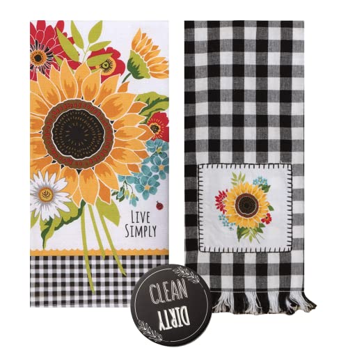 18TH STREET GIFTS Sunflower Kitchen Towels - Set of 2 Decorative Floral Buffalo Plaid Dish Towels and Dishwasher Magnet - Black and White Buffalo Plaid Decor - Buffalo Check Sunflower Decor