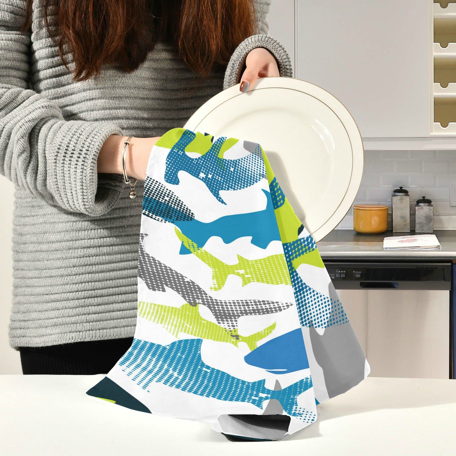 xigua Shark Kitchen Towels Set of 1, Soft Absorbent Drying Dishcloths Dish Towels with Hanging Loop for Kitchen Bathroom Bar Home Decor, 18 x 28 Inch