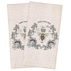 kitchen dish towels 2 pack-super absorbent soft microfiber,sweet honey bees crown vintage cleaning dishcloth hand towels tea towels for kitchen bathroom bar