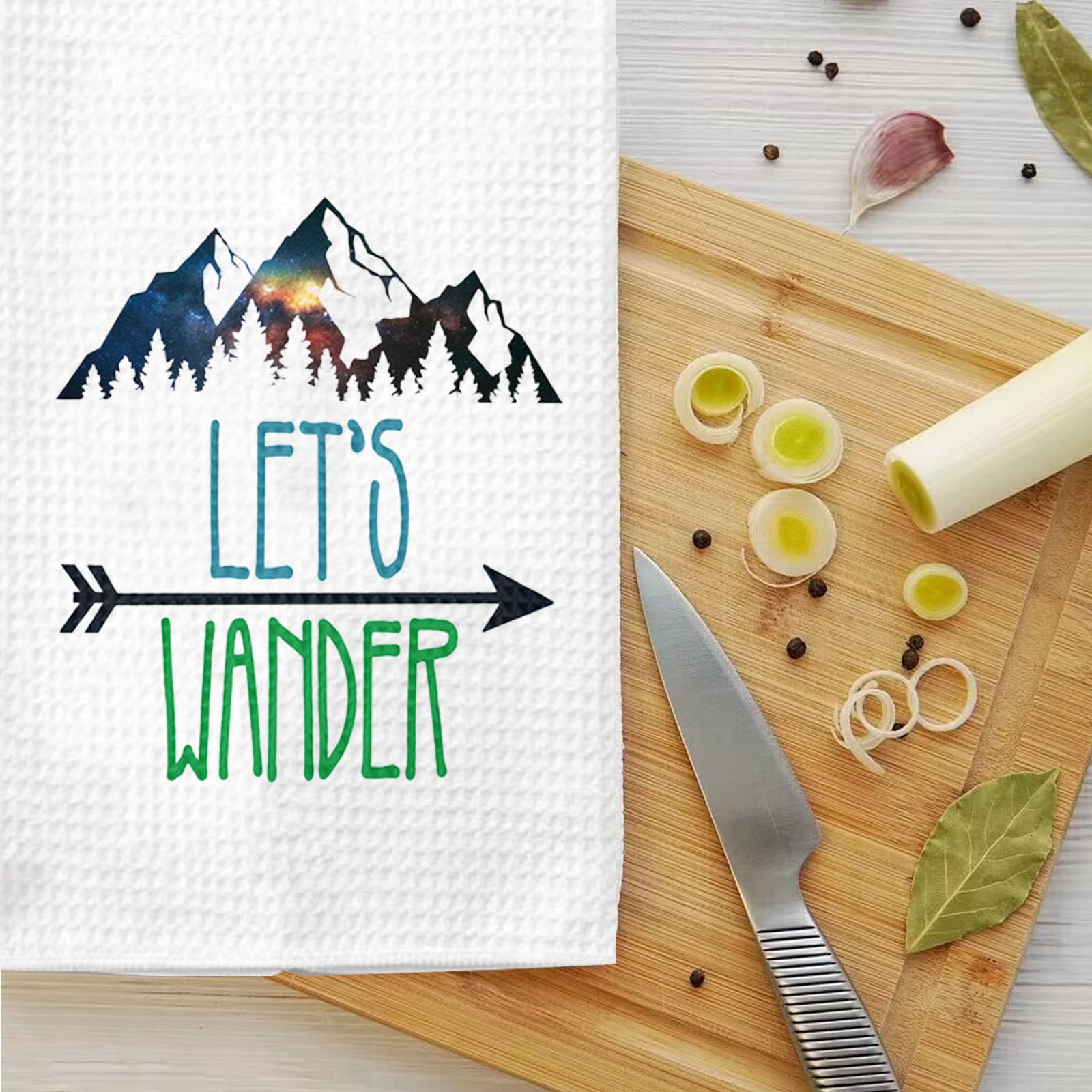 LEVLO Camping Kitchen Towel Camping Life Gift Let's Wander Camper Tea Towels Housewarming Gift Waffle Weave Kitchen Decor Dish Towels (Let's Wander)