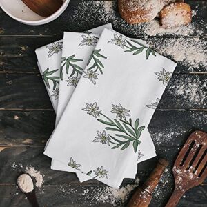 MUENINELE Dish Cloths Kitchen Towels, Edelweiss Flower Plants Austria Hand Drawn Pattern Dishcloths Soft Reusable Cleaning Cloths Absorbent Dish Towels for Household Cleaning, 4 Pack, 18"x28"