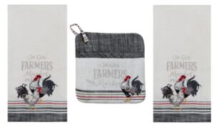 farmers market kitchen towel - potholder bundle, 2 gray striped heavyweight kitchen towels with embroidered roosters and matching pocket potholder