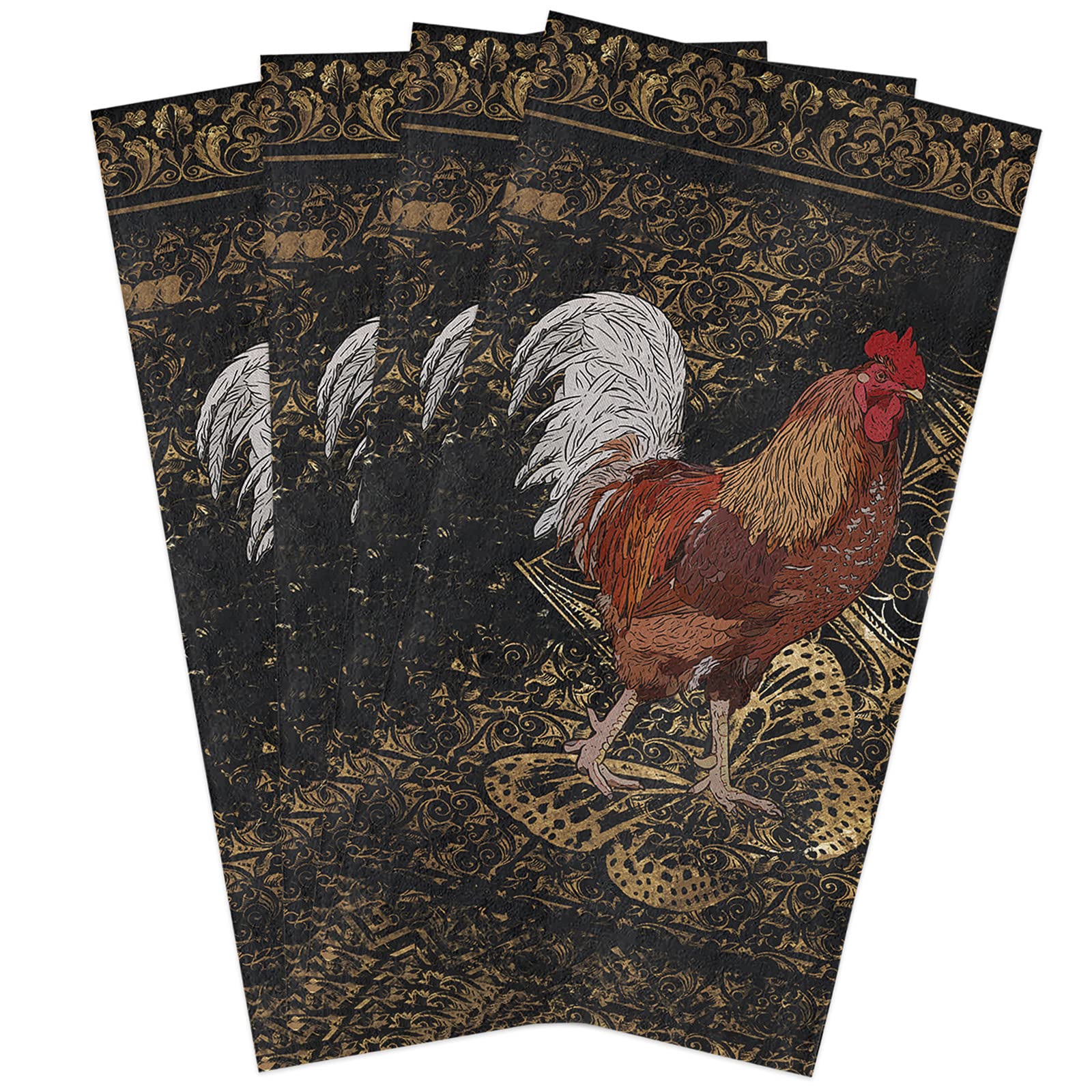 BEKYONEE Dish Towel for Kitchen, Farm Chicken Animals Absorbent Hand Towels Soft Cleaning Terry Cloth Reusable Bathroom Drying Cloths（Set of 4,18x28In Western Country Golden Texture on Black