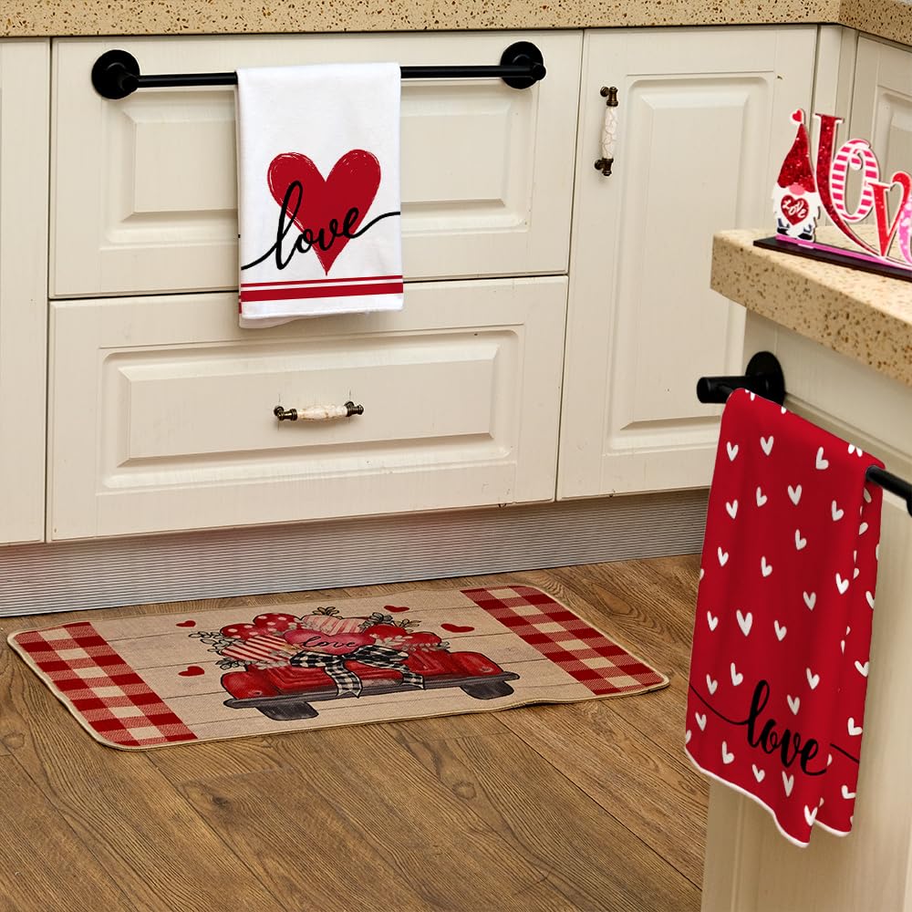 ARKENY Valentine Day Kitchen Towels Red Heart Dish Towels 18x26 Inch Ultra Absorbent Wedding Drying Cloth Love Sign Hand Towel for Valentine Decorations Set of 2