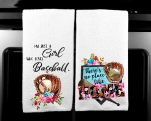 there's no place like home and girl who loves baseball floral baseball softball microfiber kitchen tea bar towel set of 2