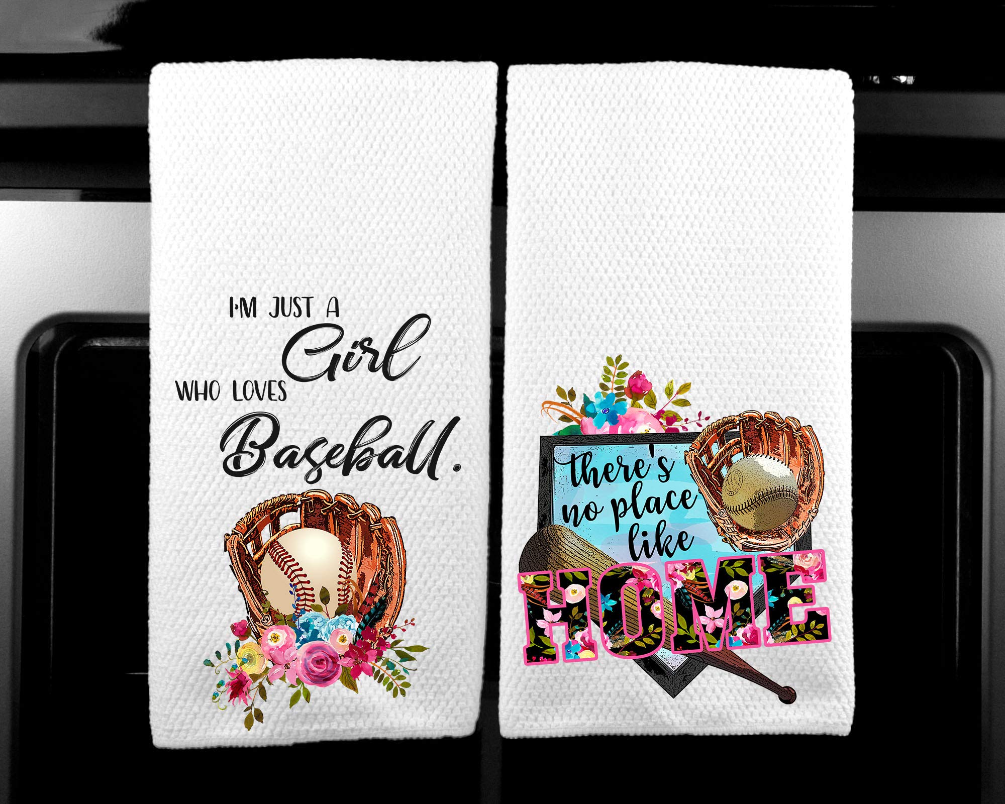 There's No Place Like Home and Girl who Loves Baseball Floral Baseball Softball Microfiber Kitchen Tea Bar Towel Set of 2