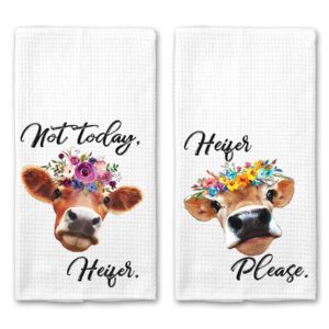 heifer please and not today, heifer floral microfiber waffle kitchen towel farm gift set of 2