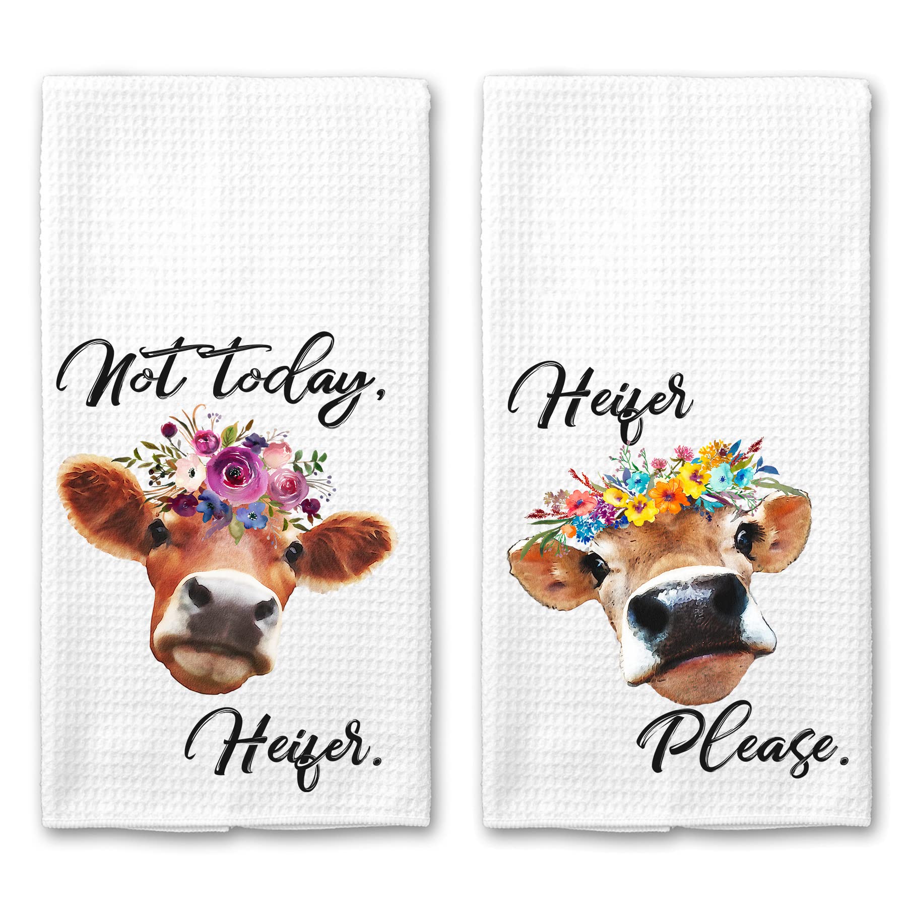 Heifer Please and Not Today, Heifer Floral MIcrofiber Waffle Kitchen Towel Farm Gift Set of 2