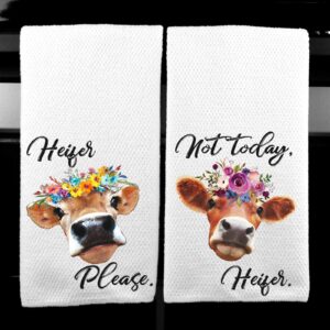 Heifer Please and Not Today, Heifer Floral MIcrofiber Waffle Kitchen Towel Farm Gift Set of 2