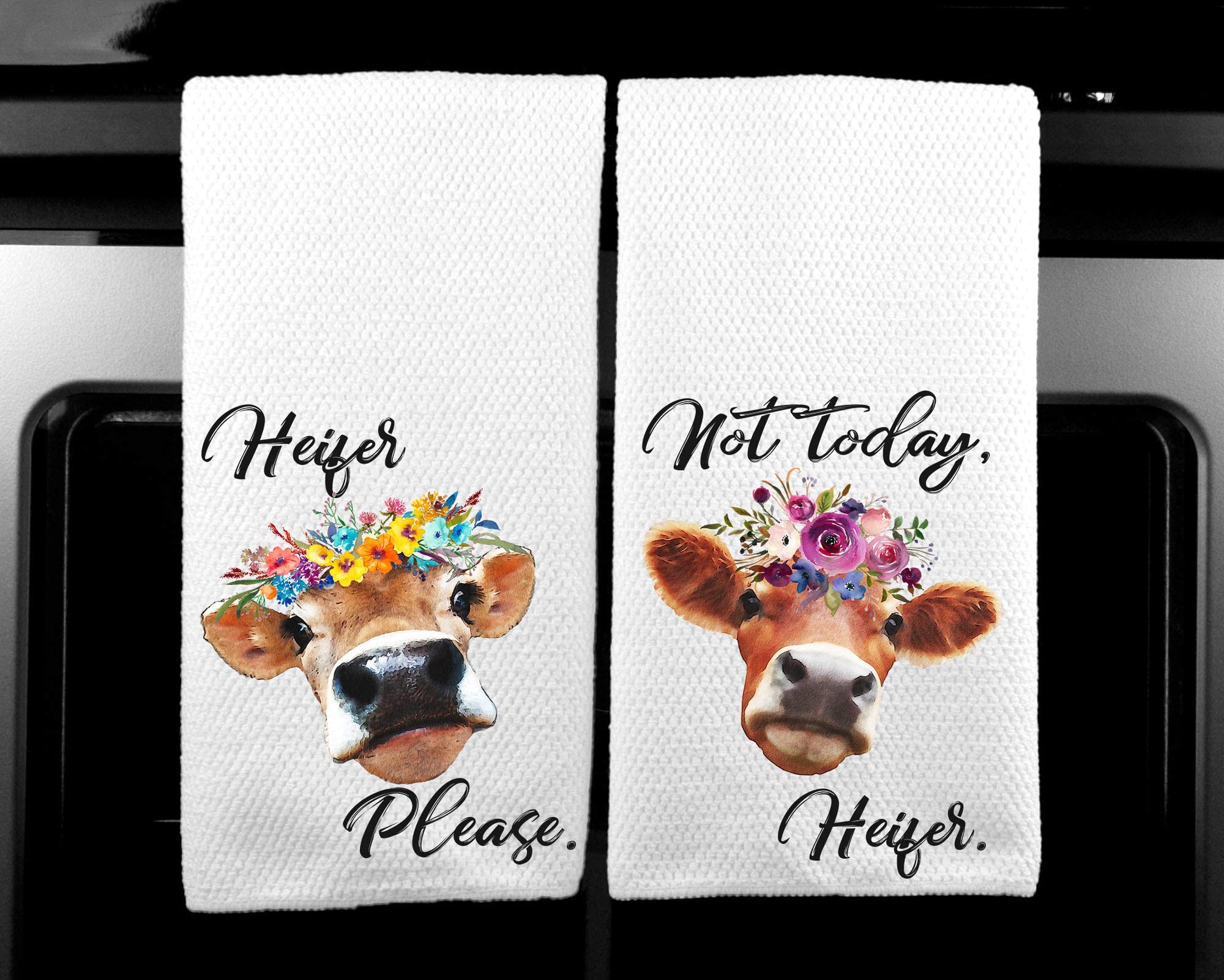 Heifer Please and Not Today, Heifer Floral MIcrofiber Waffle Kitchen Towel Farm Gift Set of 2