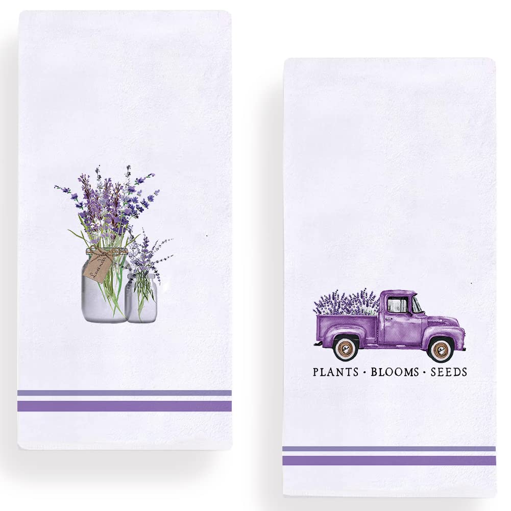 Watercolor Lavender Vase Kitchen Dish Towel 18 x 28 Inch, Seasonal Summer Lavender Truck Towels Dish Cloth for Cooking Baking Set of 2