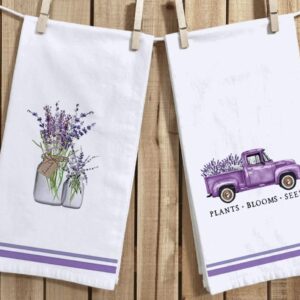 Watercolor Lavender Vase Kitchen Dish Towel 18 x 28 Inch, Seasonal Summer Lavender Truck Towels Dish Cloth for Cooking Baking Set of 2