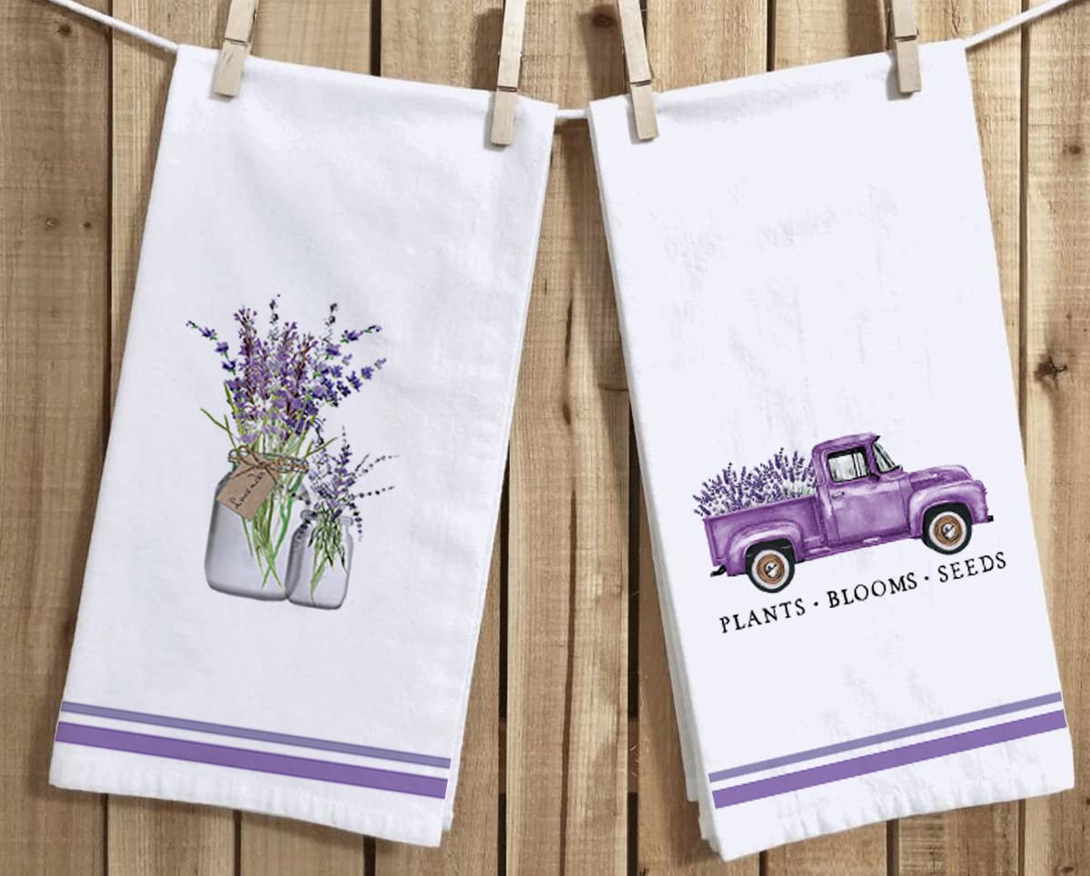 Watercolor Lavender Vase Kitchen Dish Towel 18 x 28 Inch, Seasonal Summer Lavender Truck Towels Dish Cloth for Cooking Baking Set of 2