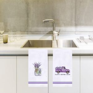 Watercolor Lavender Vase Kitchen Dish Towel 18 x 28 Inch, Seasonal Summer Lavender Truck Towels Dish Cloth for Cooking Baking Set of 2