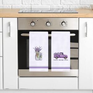 Watercolor Lavender Vase Kitchen Dish Towel 18 x 28 Inch, Seasonal Summer Lavender Truck Towels Dish Cloth for Cooking Baking Set of 2