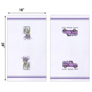 Watercolor Lavender Vase Kitchen Dish Towel 18 x 28 Inch, Seasonal Summer Lavender Truck Towels Dish Cloth for Cooking Baking Set of 2