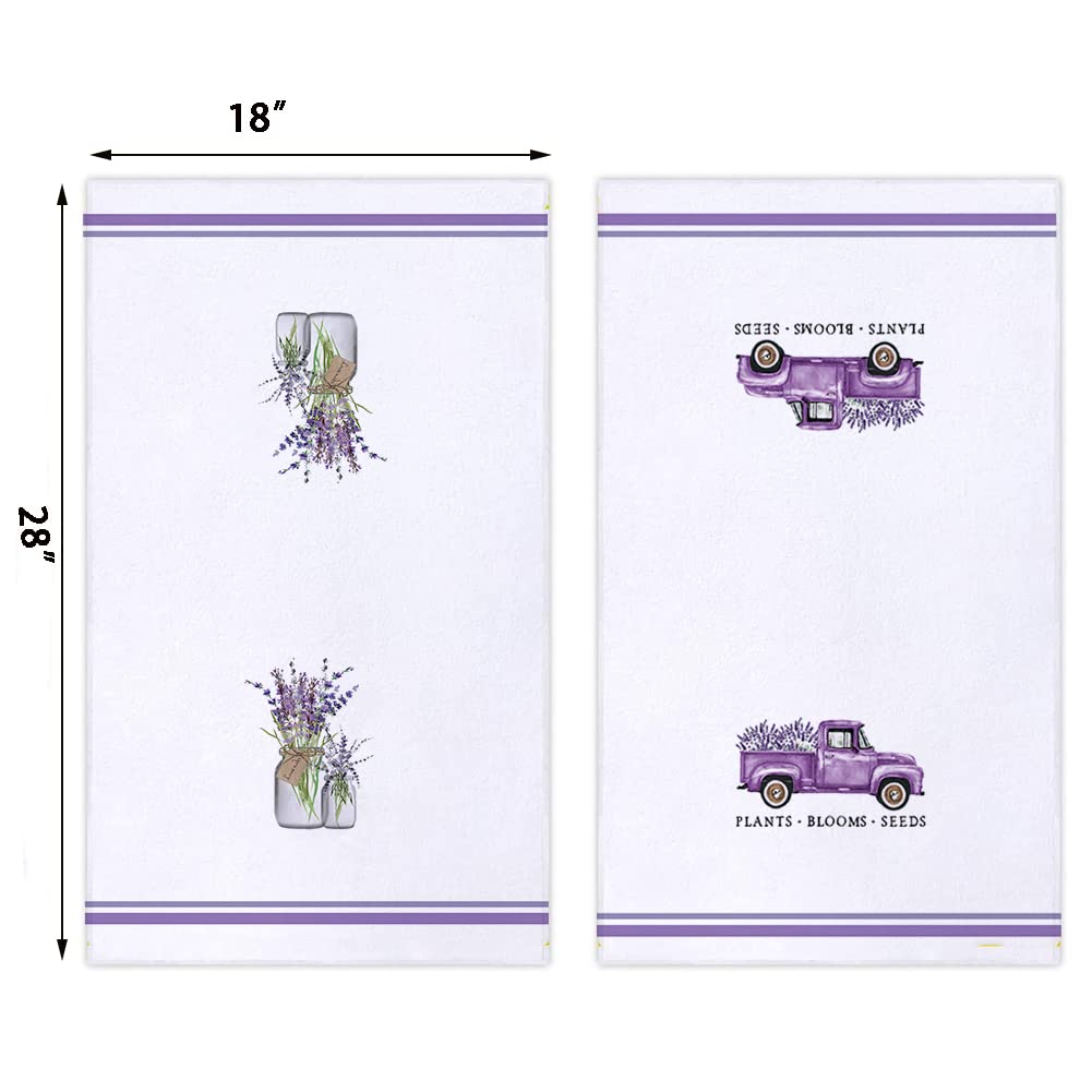 Watercolor Lavender Vase Kitchen Dish Towel 18 x 28 Inch, Seasonal Summer Lavender Truck Towels Dish Cloth for Cooking Baking Set of 2