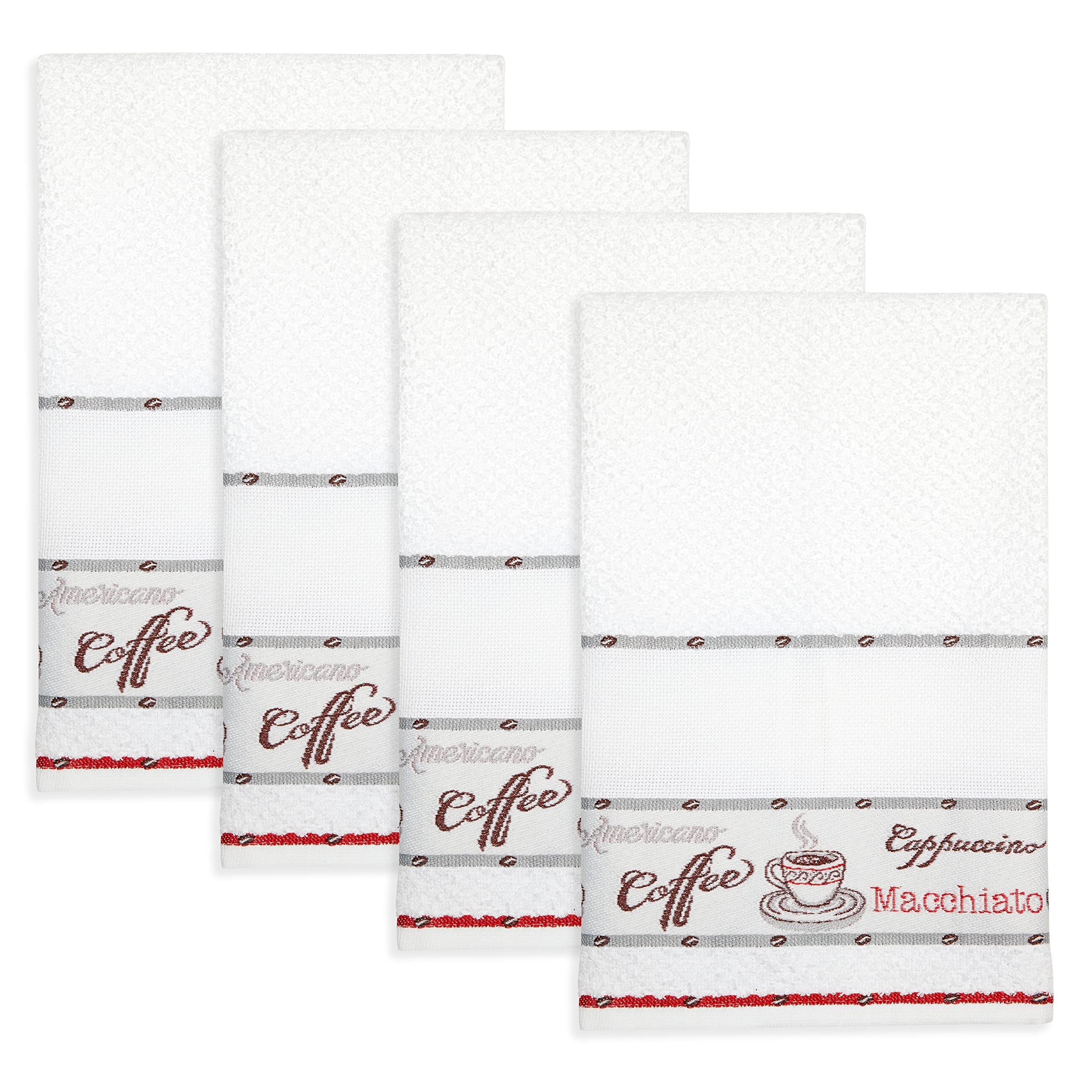 Cackleberry Home Coffee Mocha Latte Jacquard Border Terry Kitchen Towels 17 x 27 Inches, Set of 4