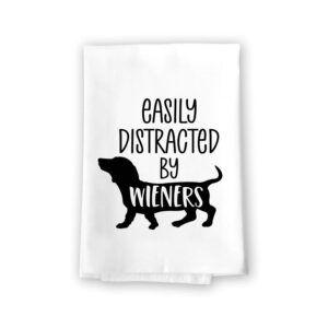 honey dew gifts, easily distracted by wiener, 27 inches by 27 inches, funny dog kitchen towels, wiener dog mom gifts, dachshund mom, doxie, hot dog sausage, badger dog theme