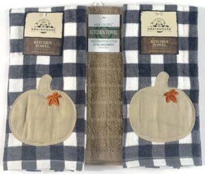 serafina home farmhouse country kitchen dish towels set: black and white check harvest pumpkin design (check pumpkin)