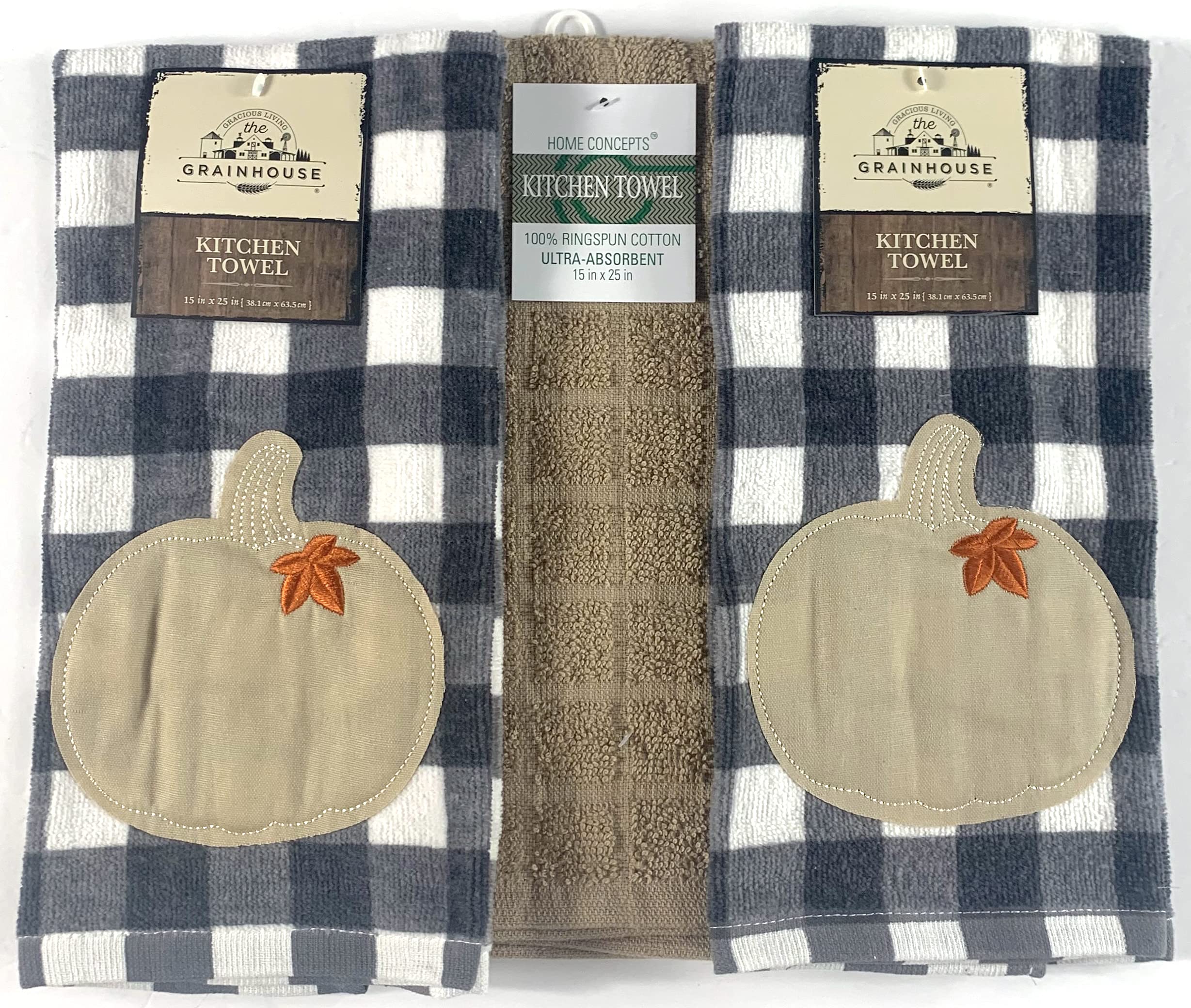 Serafina Home Farmhouse Country Kitchen Dish Towels Set: Black and White Check Harvest Pumpkin Design (Check Pumpkin)