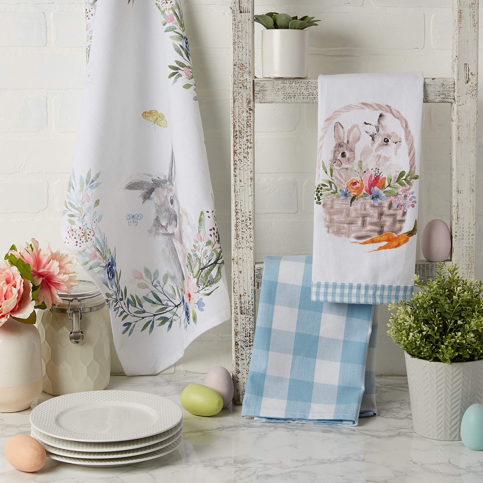 DII Easter Basics Collection Springtime Kitchen Essentials, Dishtowel Set, Floral Bunny, 3 Piece