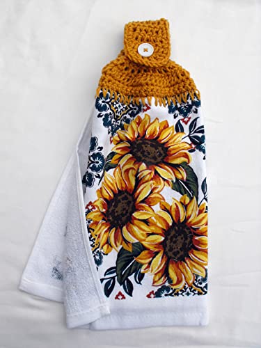 GIANT SUNFLOWERS CROCHET TOP HANGING KITCHEN TOWEL- DOUBLE THICK/FULL TOWEL