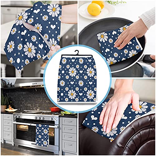 MUENINELE Dish Cloths Kitchen Towels, White Daisy Heart Gray Indigo Dishcloths Soft Reusable Cleaning Cloths Absorbent Dish Towels for Household Cleaning, 1 Pack, 18"x28"