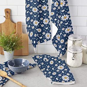 MUENINELE Dish Cloths Kitchen Towels, White Daisy Heart Gray Indigo Dishcloths Soft Reusable Cleaning Cloths Absorbent Dish Towels for Household Cleaning, 1 Pack, 18"x28"