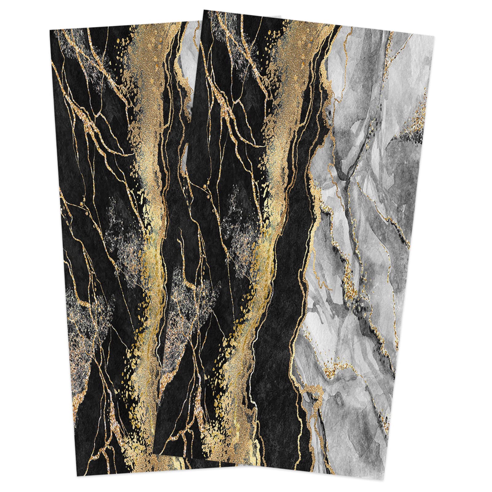 Gehucoxee Kitchen Towels Set of 2, Ombre Black Grey Marble Absorbent Dish Towel Microfiber Hand Dish Cloths for Drying Reusable Cleaning Cloths 18x28in Abstract Gold Crack Art Ink Painting