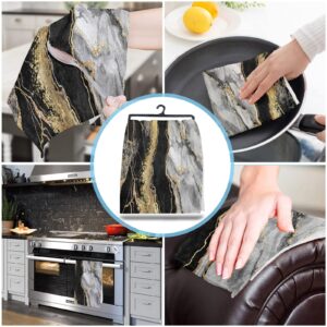 Gehucoxee Kitchen Towels Set of 2, Ombre Black Grey Marble Absorbent Dish Towel Microfiber Hand Dish Cloths for Drying Reusable Cleaning Cloths 18x28in Abstract Gold Crack Art Ink Painting