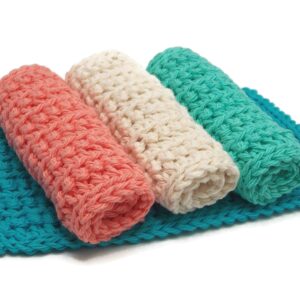 Coral and Aqua 4 inch x 7 inch Rectangular Cotton Dishcloths Set of 4 Lt. Coral Turquoise Ecru Aqua