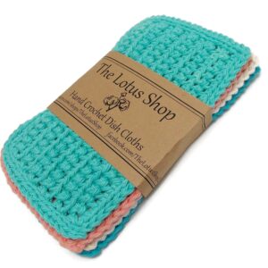 Coral and Aqua 4 inch x 7 inch Rectangular Cotton Dishcloths Set of 4 Lt. Coral Turquoise Ecru Aqua