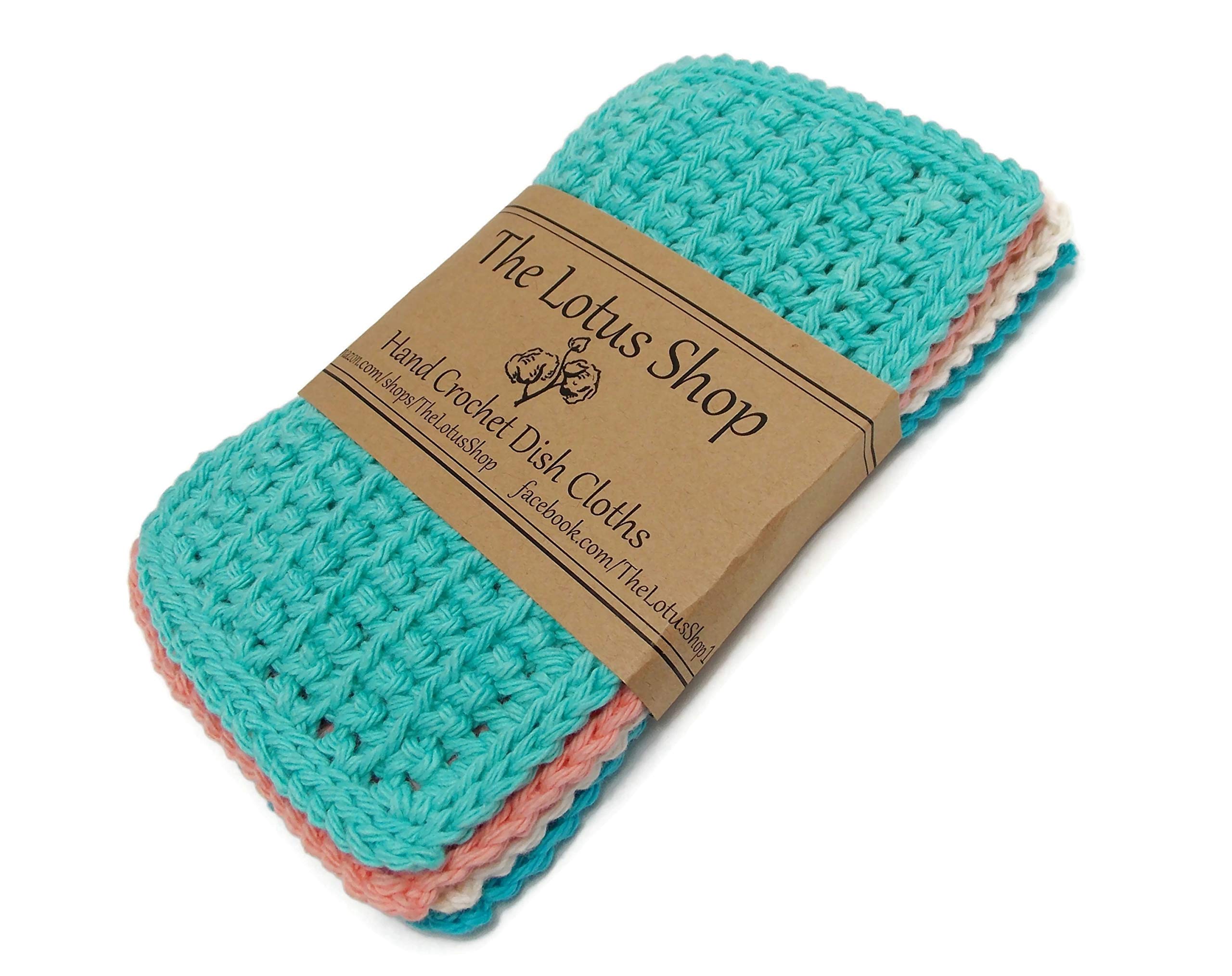 Coral and Aqua 4 inch x 7 inch Rectangular Cotton Dishcloths Set of 4 Lt. Coral Turquoise Ecru Aqua