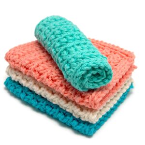 Coral and Aqua 4 inch x 7 inch Rectangular Cotton Dishcloths Set of 4 Lt. Coral Turquoise Ecru Aqua