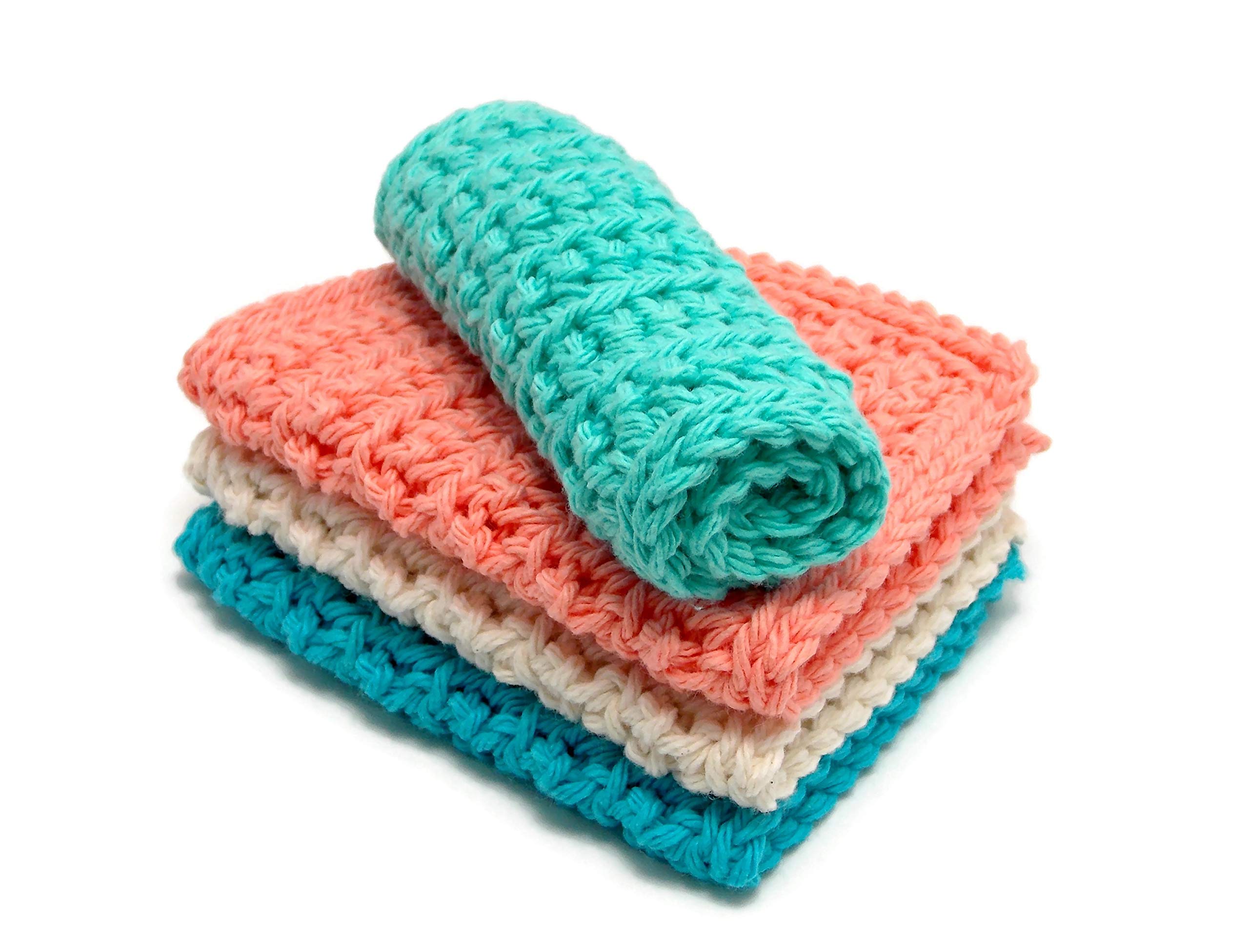 Coral and Aqua 4 inch x 7 inch Rectangular Cotton Dishcloths Set of 4 Lt. Coral Turquoise Ecru Aqua