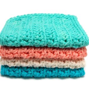 Coral and Aqua 4 inch x 7 inch Rectangular Cotton Dishcloths Set of 4 Lt. Coral Turquoise Ecru Aqua