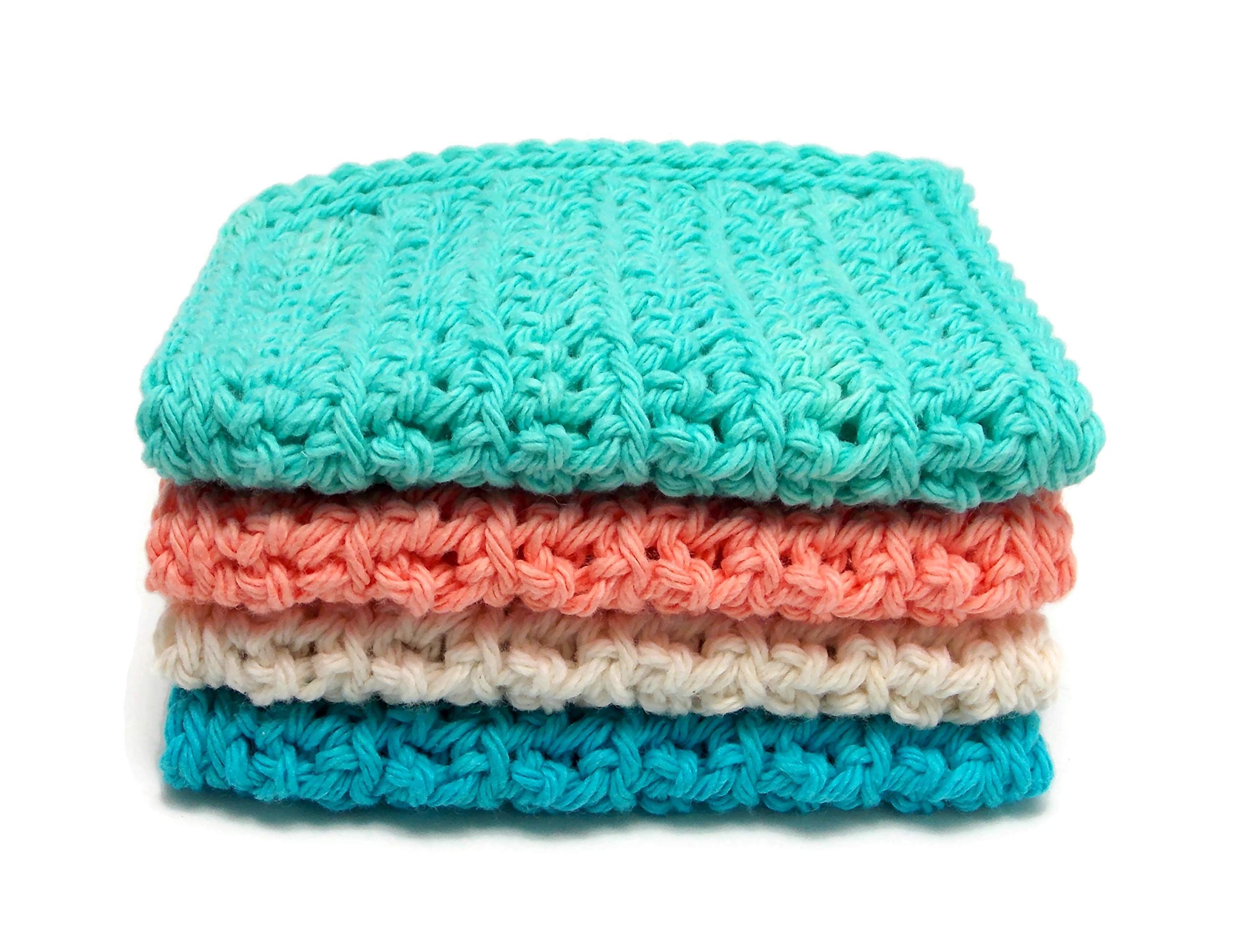 Coral and Aqua 4 inch x 7 inch Rectangular Cotton Dishcloths Set of 4 Lt. Coral Turquoise Ecru Aqua