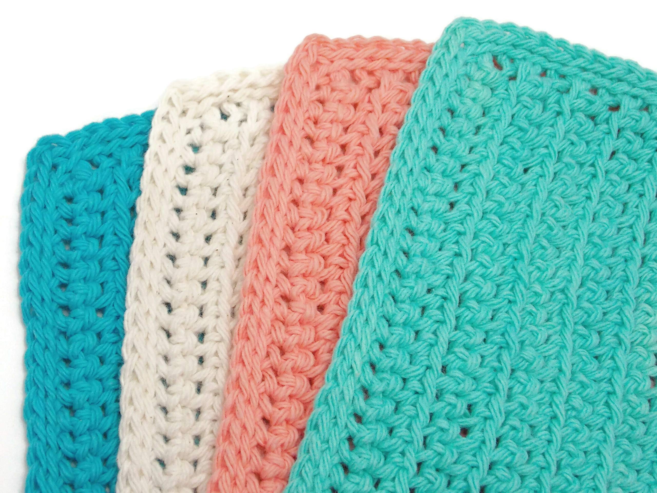 Coral and Aqua 4 inch x 7 inch Rectangular Cotton Dishcloths Set of 4 Lt. Coral Turquoise Ecru Aqua