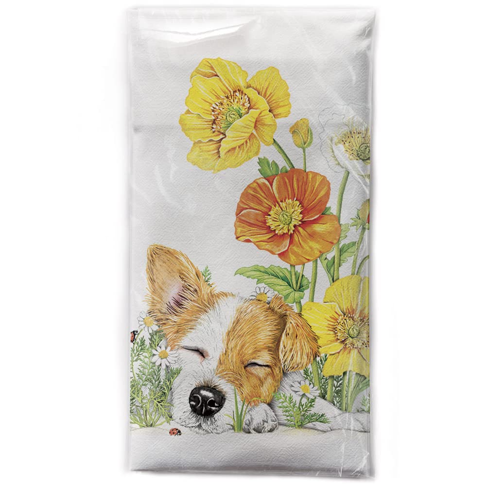 Mary Lake-Thompson Puppy with Poppies Cotton Flour Sack Dish Towel