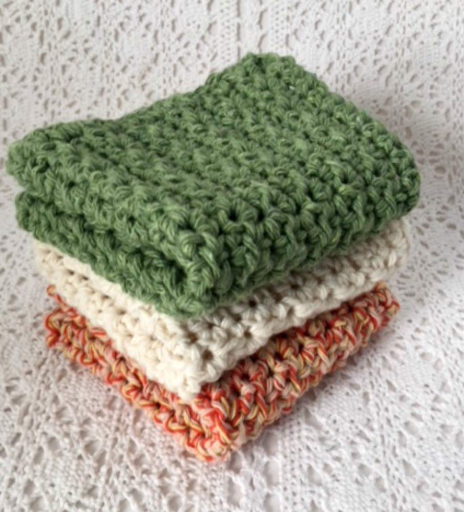 Crochet Kitchen Dish Cloths Fall Harvest Green Beige Orange Yellow Wash Cloth Crochet Cotton Dishcloths Set of 3