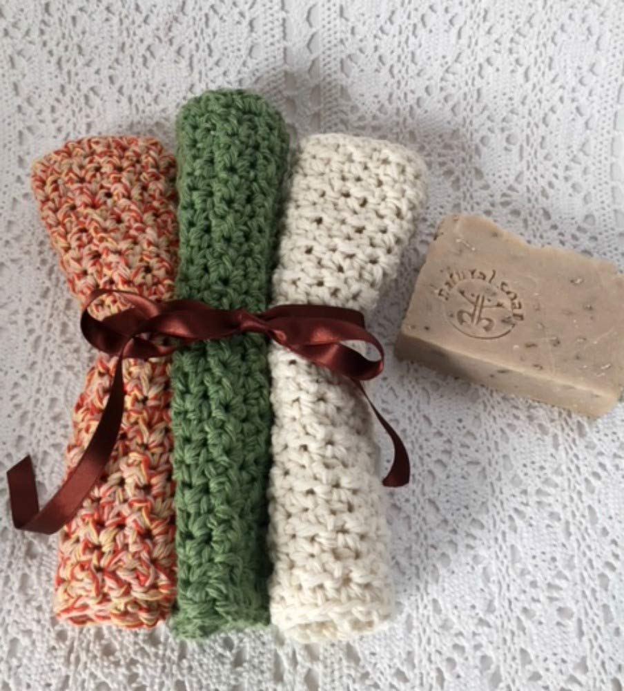 Crochet Kitchen Dish Cloths Fall Harvest Green Beige Orange Yellow Wash Cloth Crochet Cotton Dishcloths Set of 3