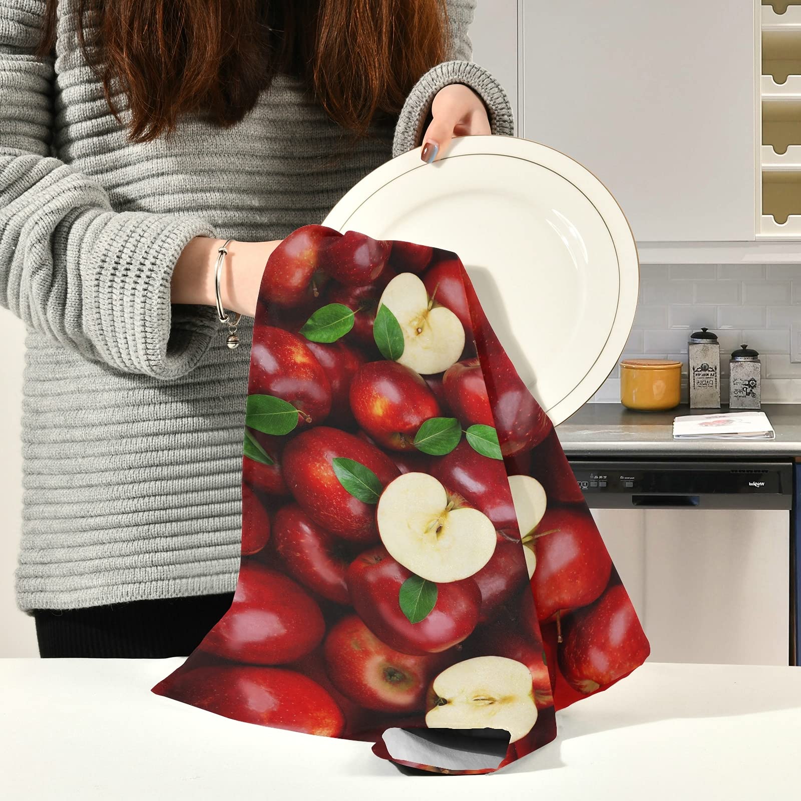 Leaves Red Apples Kitchen Towels Natural Fresh Fruits Dishcloths Set 4 Pack Hand Dish Towel Tea Bar Towels 18 x 28 in Cleaning Cloths Soft Absorbent Fast Drying for Cooking Baking